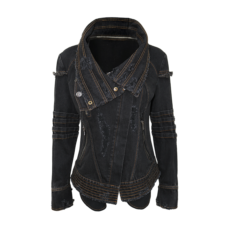 Punk-Style Heavy-Duty Washed Denim Jacket with Vintage Collar & Destro ...